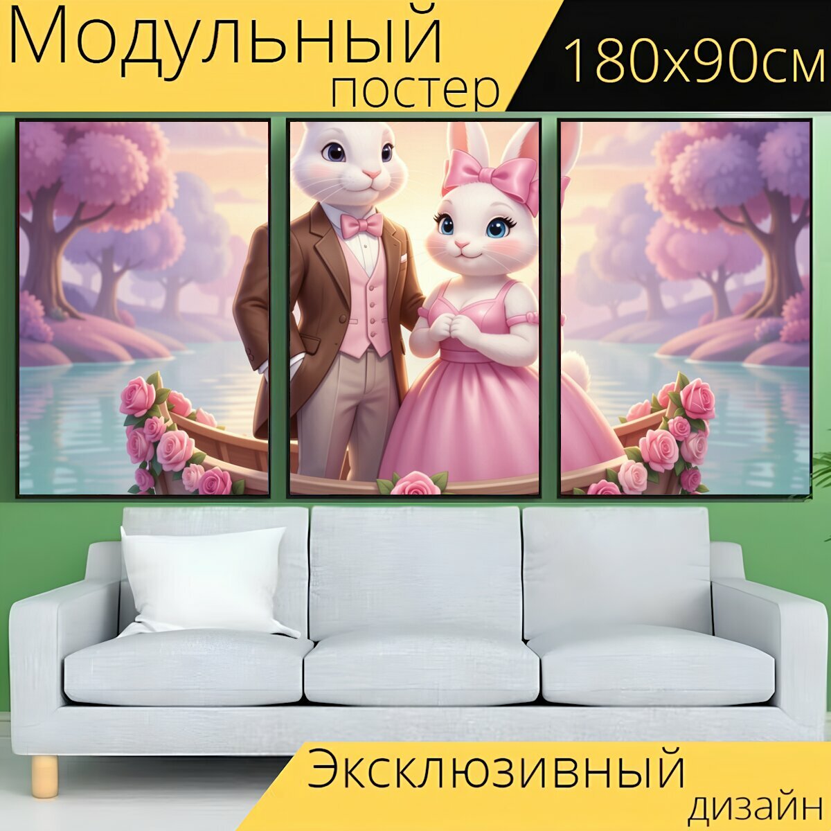 Модульный постер "Свадебные кролики на лодке. Милые антропоморфные зайцы в праздничных нарядах плывут по спокойной воде в украшенной." 180 x 90 см. для интерьера на стену в тубусе