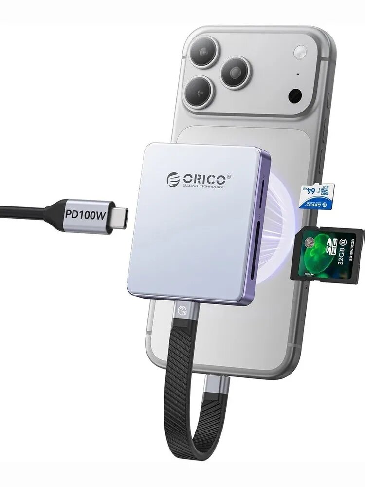 Магнитный кард-ридер и бокс для SSD M.2 NVMe AP42F 5-в-1 для iPhone 15/16/17 Pro Чтение TF/SD, USB 3.2, PD 100W (без SSD), синий