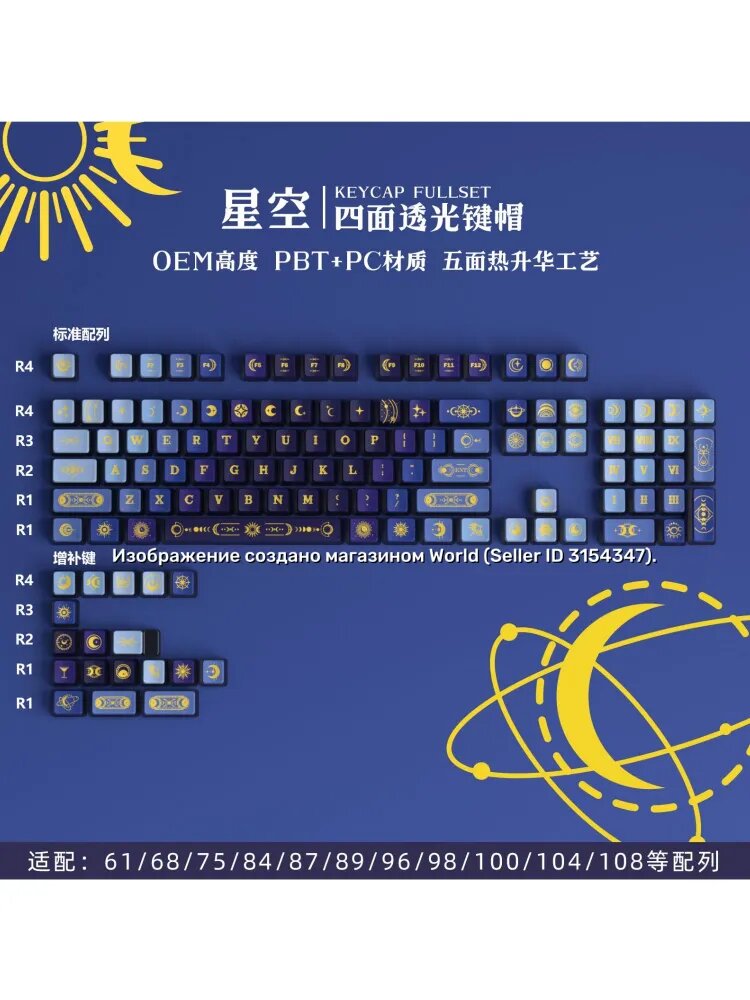 Кейкапы для механической клавиатуры, Звёздное небо (Star Sky), 121 шт, PBT+PC, сублимационная печать, профиль OEM, 4-сторонняя подсветка пудинг (в коробке)