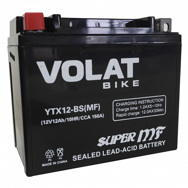 Аккумулятор мотоциклетный Volat 12Ah 150А YTX12-BS ПП (MF) L+ (150x87x130) 150x87x130