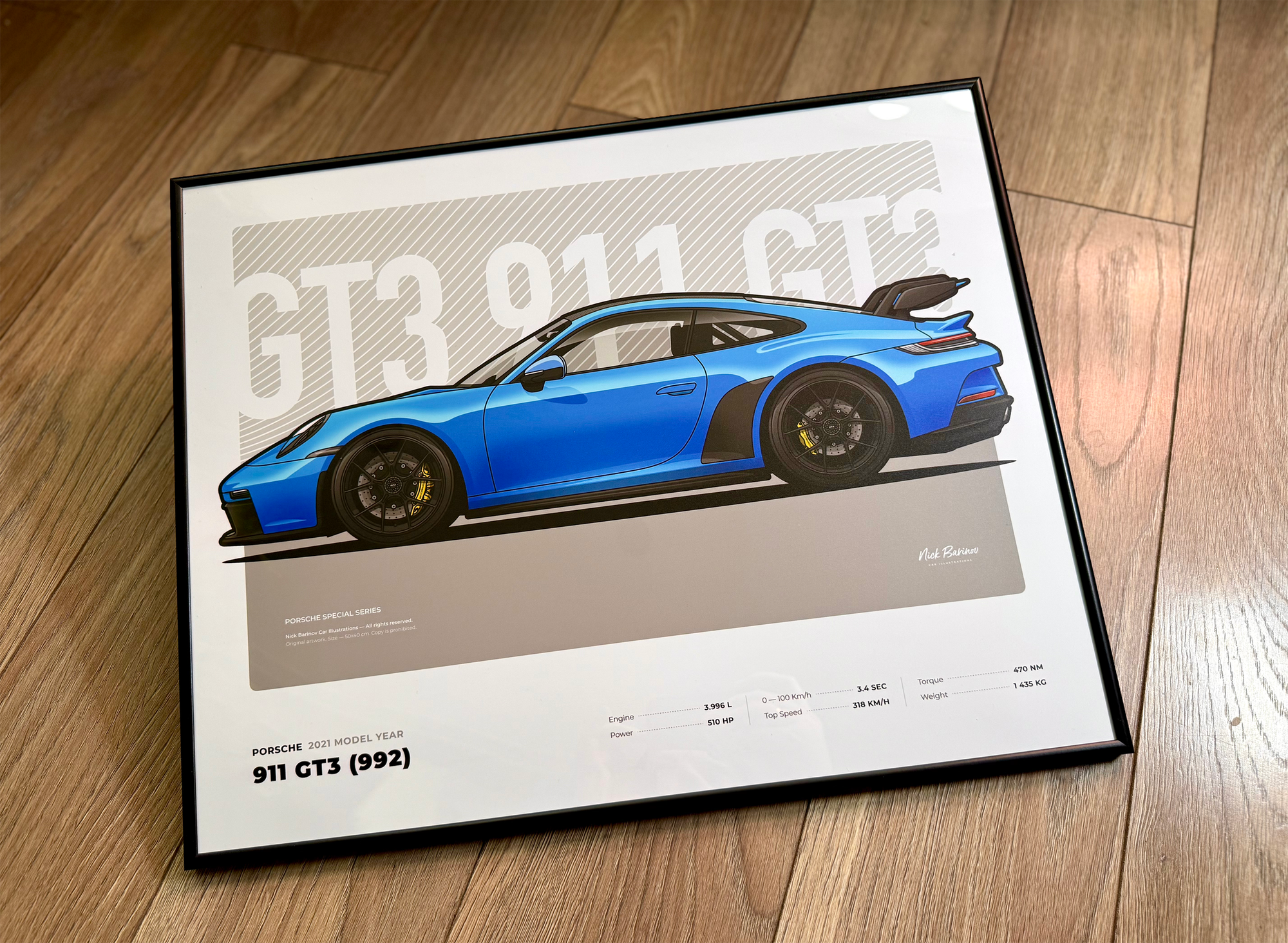 Плакат, картина, постер с авто в раме Porsche 911 GT3 (992) / плакат на стену (40х50см)