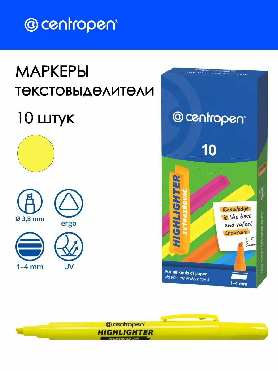 Centropen HIGHLIGHTER маркер текстовыделитель флуоресцентный, перо скошенное 1-4 мм, упаковка 10 штук, Желтый 8722/1
