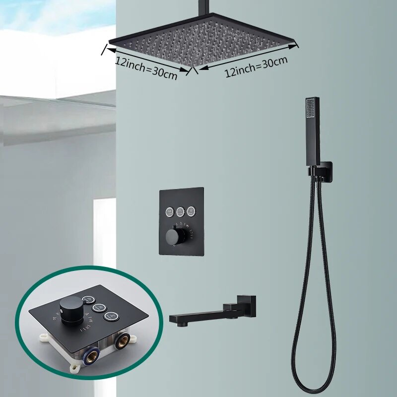 Rozin Матовый черный термостатический душевой кран Скрытая установка Сантиарные краны Потолочный дождевой Душ большой размера Смесительный кран - 3 пути 12 дюймов