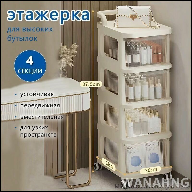 Напольная этажерка на колесиках из пластика для ванной, кухни и прихожей — узкая закрытая с бортиками