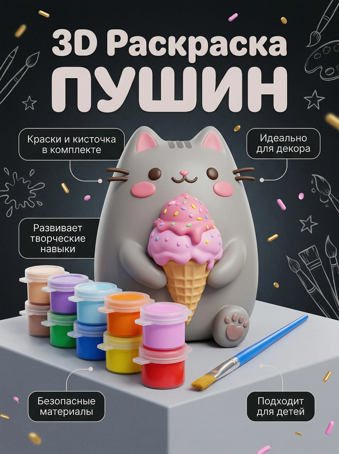 Набор для творчества. Объёмная фигурка для раскрашивания "Котик Пушин"