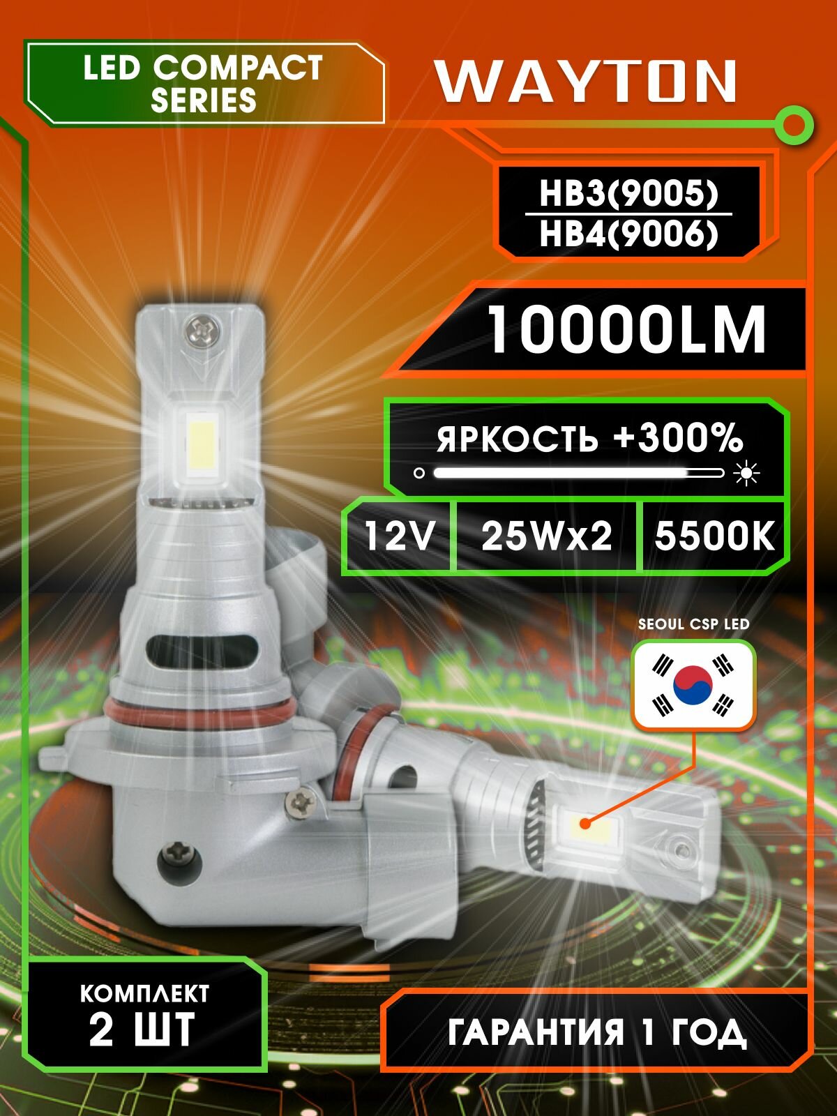 Автомобильные яркие светодиодные LED лампы HB3(9005)/HB4(9006) яркость 10000 LM Wayton COMPACT 12V