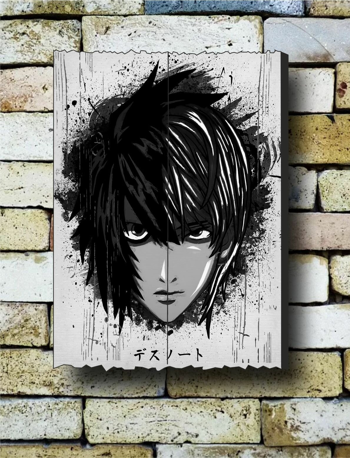 Картина на досках. Тетрадь смерти (Death Note). Ягами Лайт (Kira) и L. Черно-белый арт.