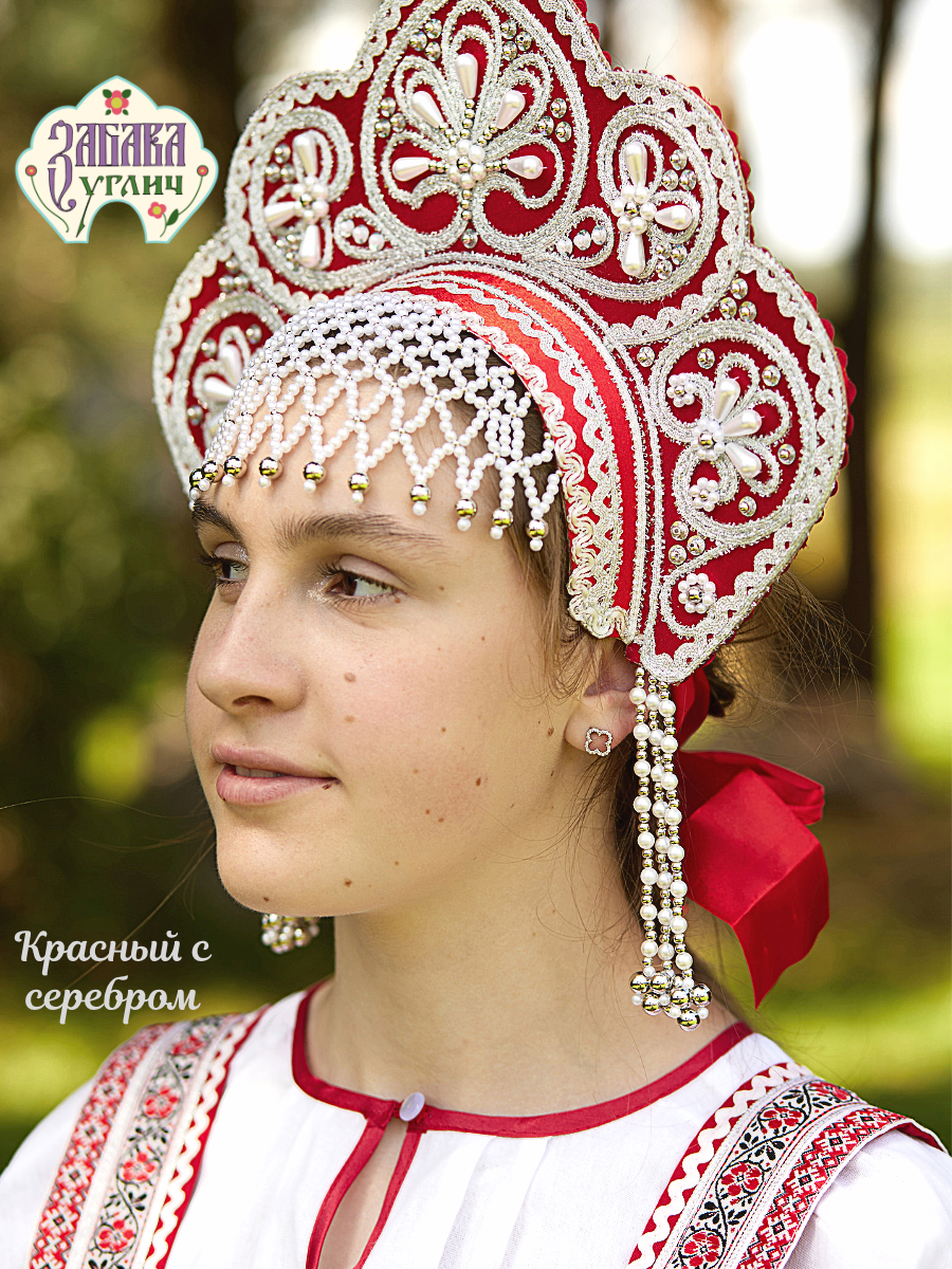 Кокошник "Жар Птица" КЖ-16-КБ от бренда "Забава Углич" (красный с серебряной отделкой)