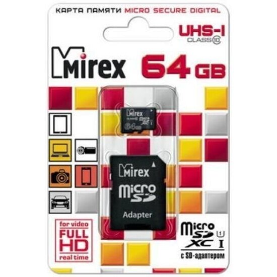 Карта памяти Mirex 64GB microSDХC UHS-I Class 10 + ADP (13613-AD10SD64)