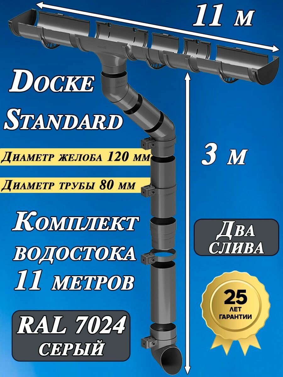 Водосток для крыши Деке Стандарт 11 м (1,5 м + 1 м) два слива ( 120 мм / 80 мм ) комплект водосточной системы для дома пластиковый Docke Standard ( цвет RAL 7024 серый графит ) комплект ПВХ