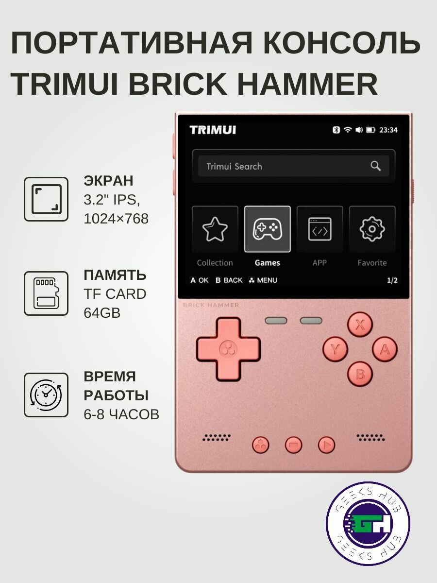 Портативная игровая приставка Trimui Brick Hammer, розовая, 64GB