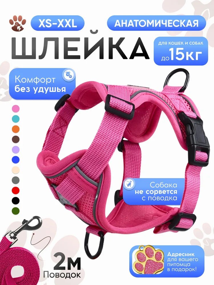 Шлейка для собак мелких и средних пород, анатомическая с поводком 2 метра Savipets, размер L, цвет розовый