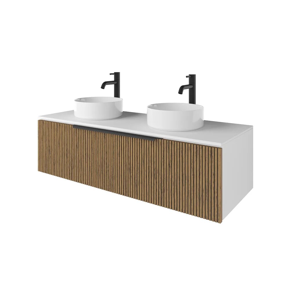 Тумба с раковиной ЗОВ Кито 120 подвесная, 119$5 см, двойная, белая, светлое дерево, матовая, из МДФ, с ящиками, раковина для ванной, фарфоровая, круглая