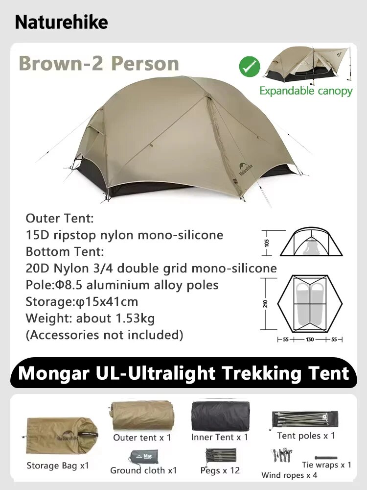 Палатка Naturehike Mongar 2 UL/PRO/Base для кемпинга, вмещает 1-3 человека, для откры-air путешествий, 15D водонепроницаемая ультralегкая рюкзажная палатка.