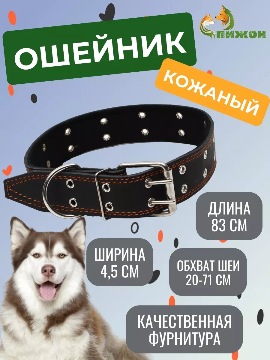 Ошейник кожаный на синтепоне, безразмерный, 83 х 4.5 см, ОШ 20-71 см, чёрный