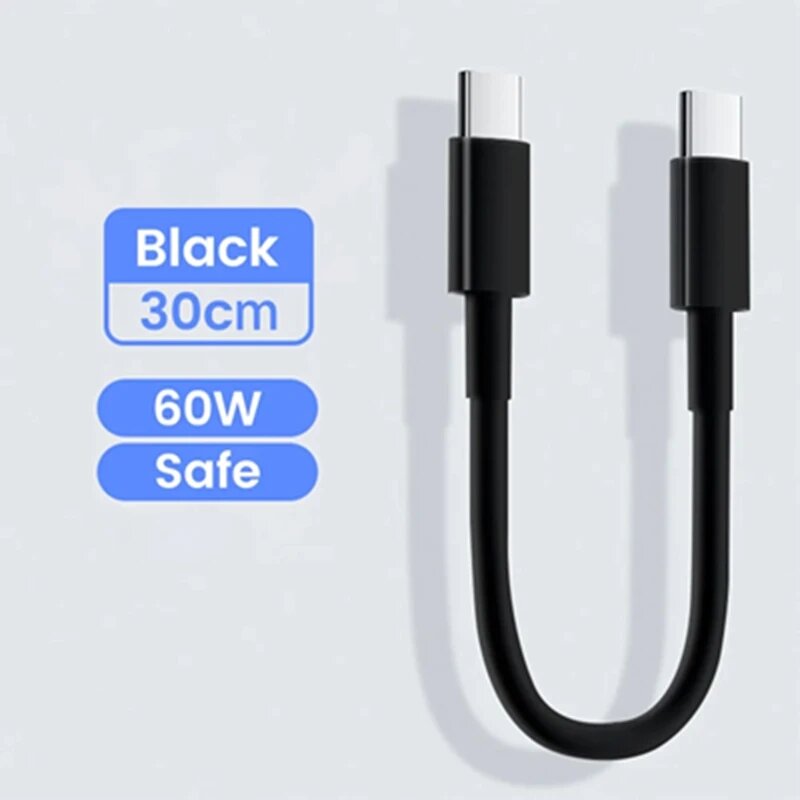 USB-C кабель 30см, черный, 60W, безопасная зарядка