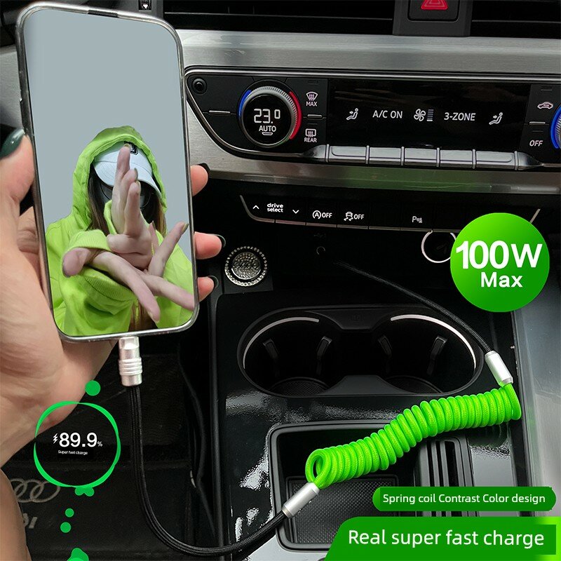 Автомобильный кабель быстрой зарядки USB в Type-C с ярко-зеленым и матовым черным цветом для устройств Android