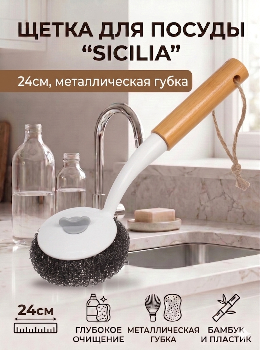 Щетка для посуды «Sicilia» 24 см, бамбуковая ручка, металлический скребок, пластик