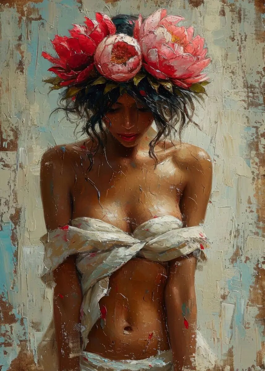 Абстрактная печать на холсте "Девушка с цветами" Красный, Red, 50x70cm No Frame
