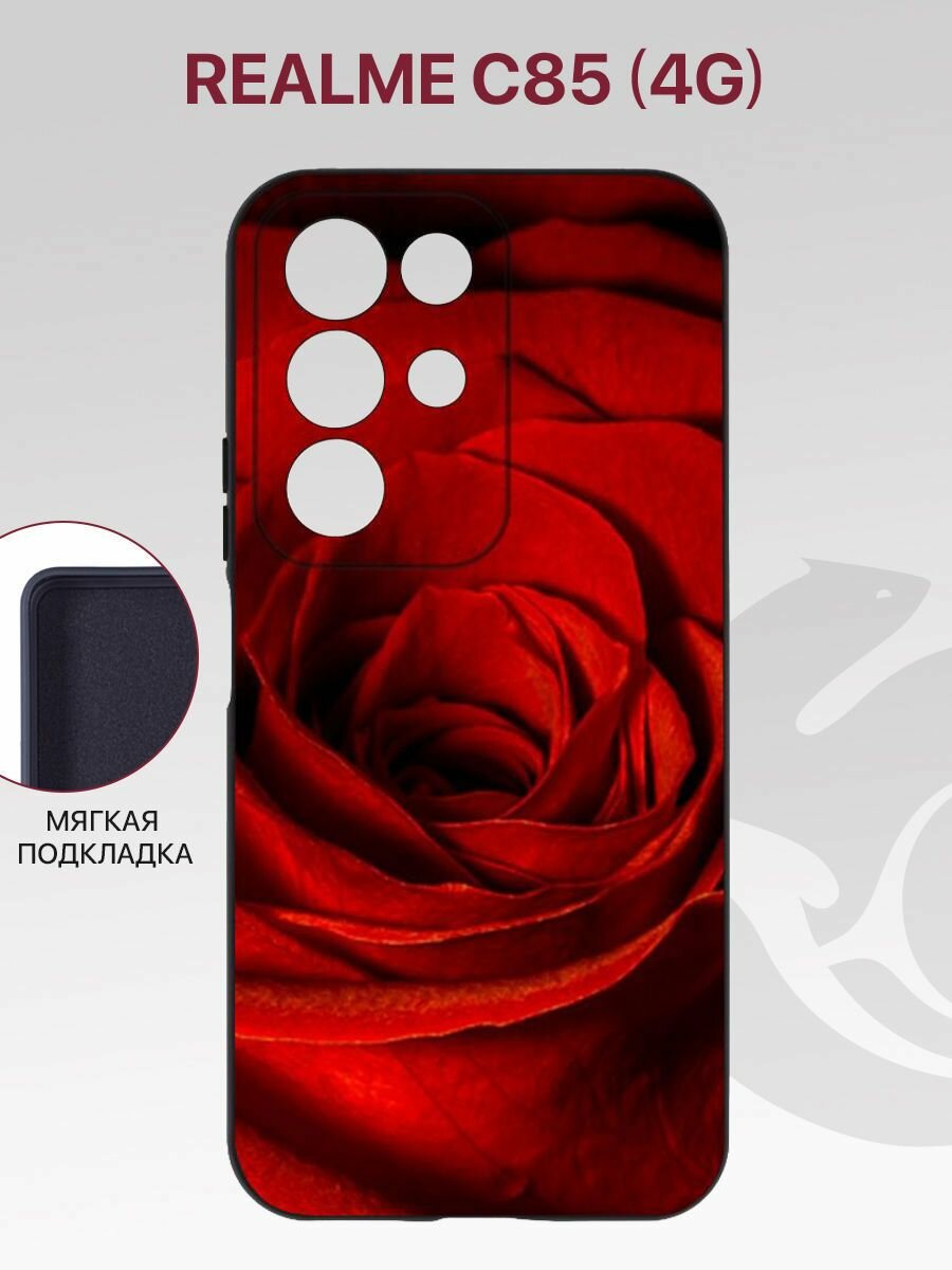 Чехол на Realme C85 4G с рисунком, с защитой камеры, противоударный, черный с принтом бутон розы / Реалми С85