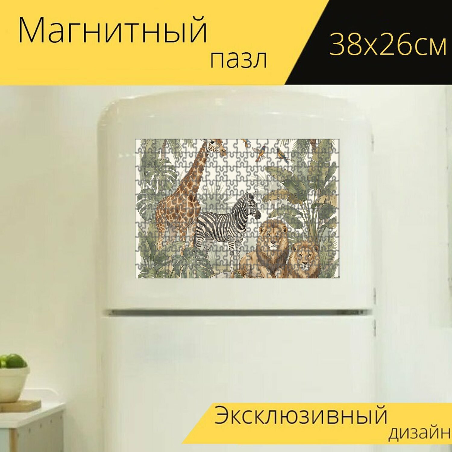 Магнитный пазл "Сафари с жирафом и львами. Тропическая сцена с жирафом, зеброй, двумя львами и яркими птицами среди пальм и крупных листьев. Нежная." для интерьера, 38х26 см.