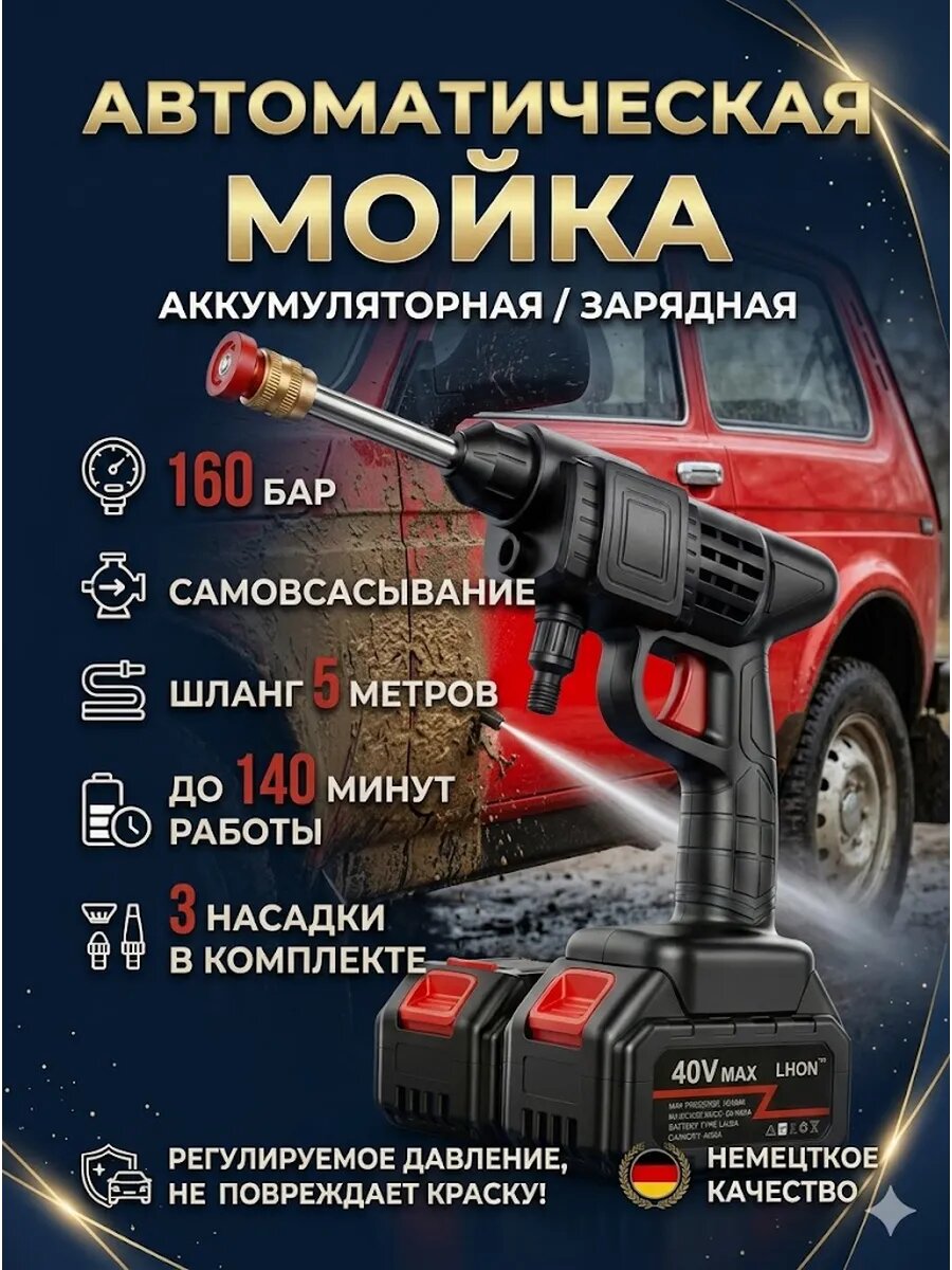 Мойка высокого давления HIOMEE, портативная, аккумуляторная, с фильтром, в кейсе