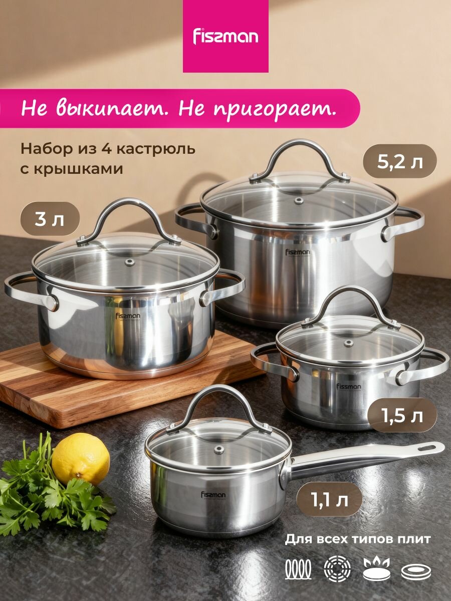 Набор кастрюль из нержавеющей стали Fissman, со стеклянными крышками - 4 шт