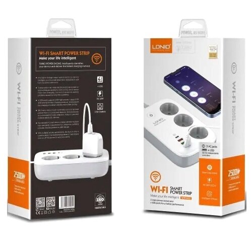 Cетевой фильтр LDNIO SEW3452 Smart Power Strip Wi-Fi, 3 розетки EU + 1C PD30W +1U QC3.0 18W +2U Auto ID 12W, 2 м EU, Черный+Серый