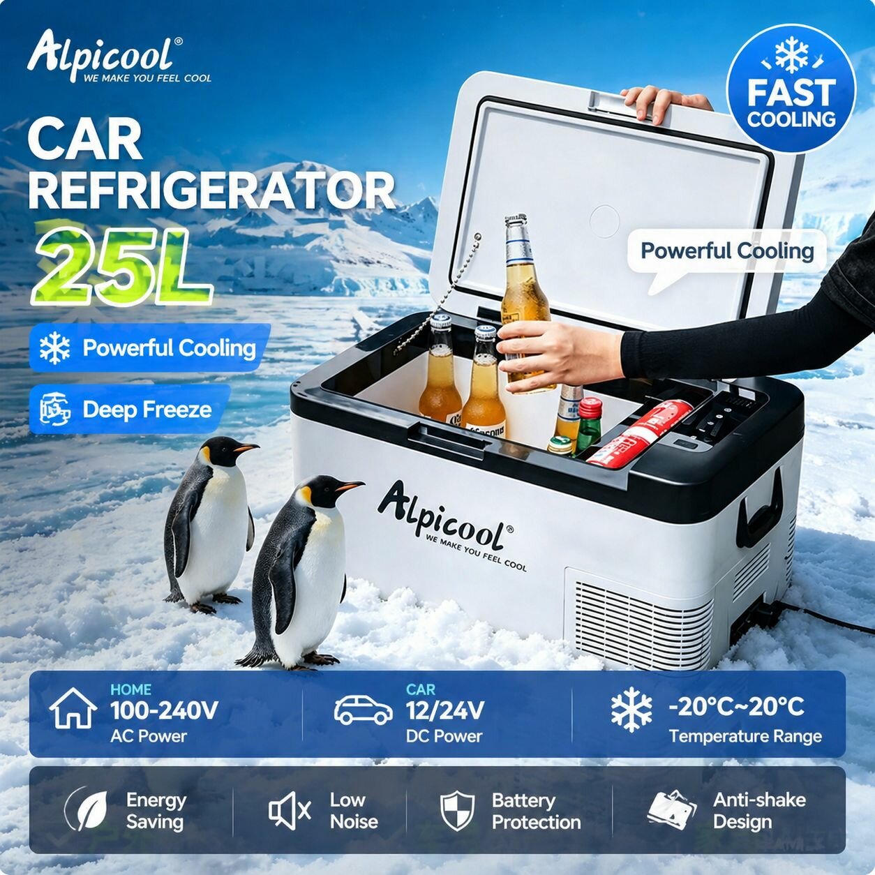 Компрессорный автомобильный холодильник Alpicool K25 подходит для питания (12V/24V/220V), объем 25 литров, идеален для кемпинга и домашнего использования