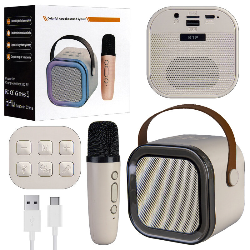 Караоке для детей, Bluetooth колонка + микрофон, 2000 mAh/500 mAh/RGB/AUX/micro SD/USB flesh, Бежевый, K12