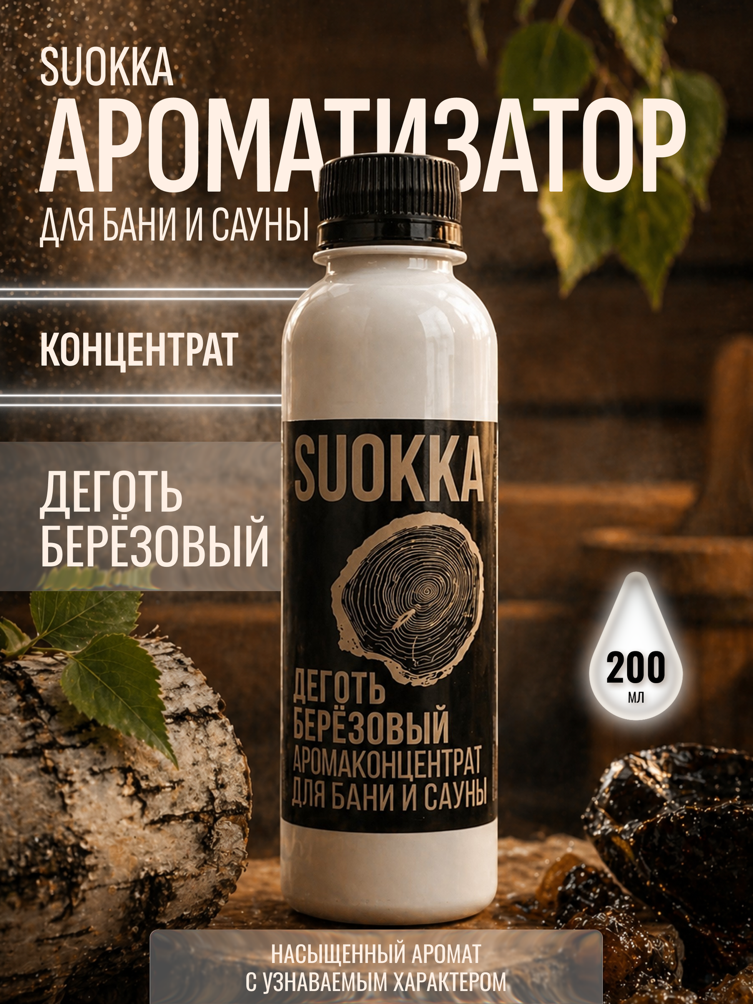 Ароматизатор для бани и сауны SUOKKA Деготь березовый с эфирными маслами 200мл.