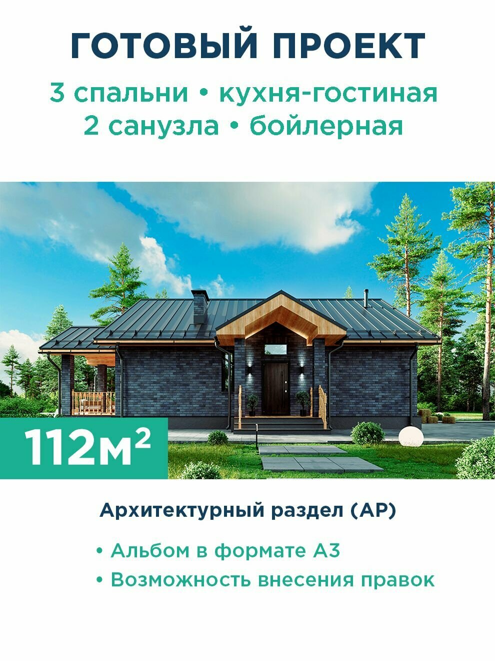 Проект одноэтажного дома с красивым крыльцом и террасой 242-112-1 АР