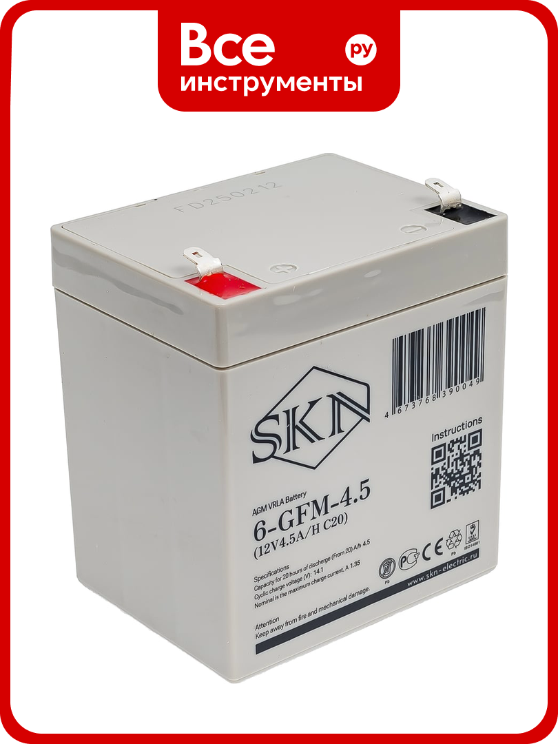 Аккумулятор для ИБП SKN 6-GFM-4.5, 12V 4.5Ah, AGM, прямая полярность, размеры 90x70x106 мм, вес 1.6 кг, тип клемм
