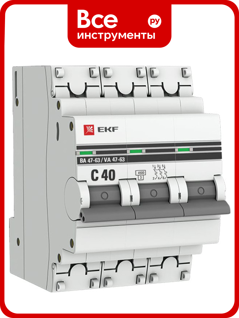 Автоматический выключатель EKF 3P 40А (С) ВА 47-63 4.5кА PROxima mcb4763-3-40C-pro