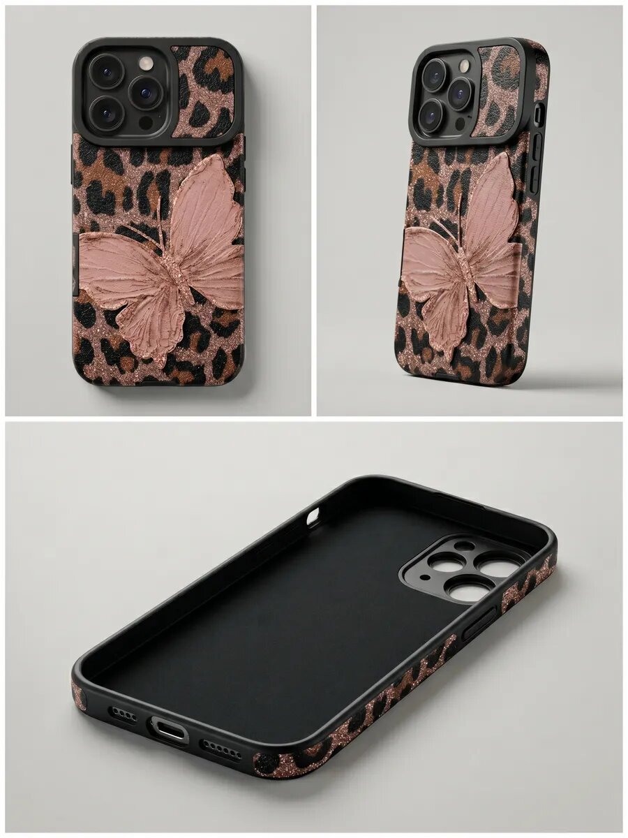 Чехол "Леопардовая бабочка", для iPhone 17 Pro, силикон, коричневый — фото 1