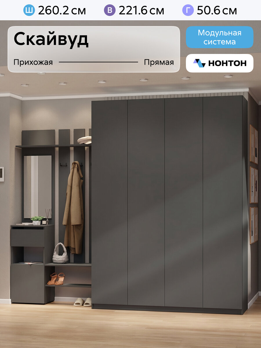 Стенка в прихожую Нонтон Скайвуд Спейс, 260х50х221 см, 2 модуля, графит