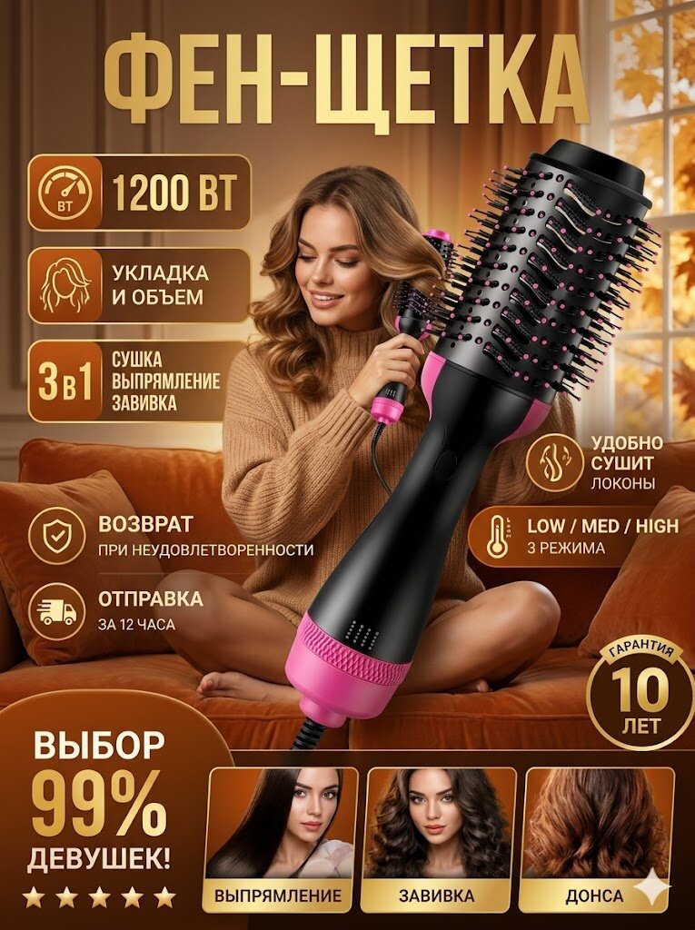 Фен-щетка для волос / Расческа с ионизацией One Step Фен-щётка (расчёска-фен) для волос Hair Dryer 3 в 1