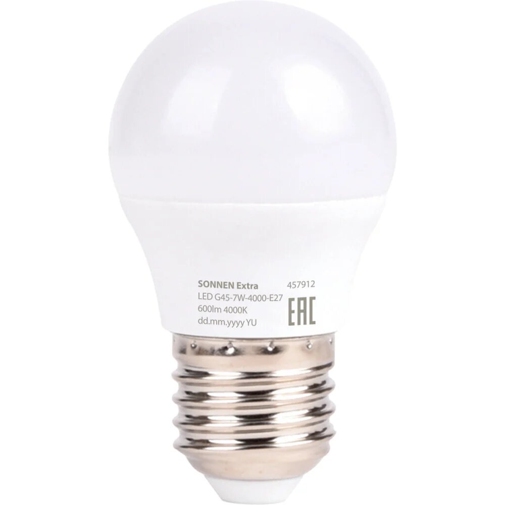 Лампа светодиодная SONNEN EXTRA 7 (60) Вт E27 шар нейтральный белый LED G45-7W-4000-Е27, 457912
