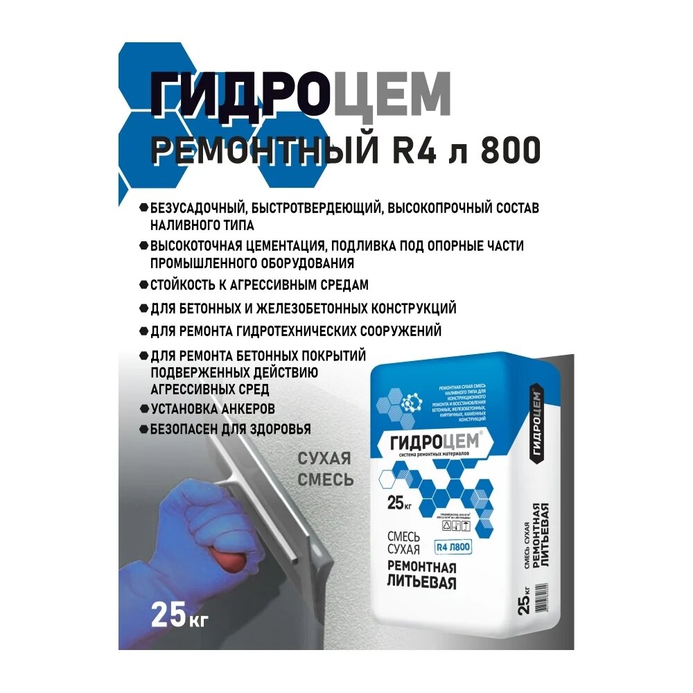 Ремонтная смесь Гидроцем Г00072, безусадочная, быстротвердеющая, 25кг