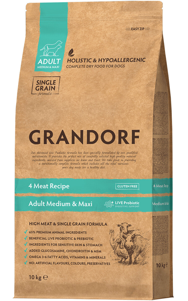 Корм сухой Grandorf Single Grain Dog Adult Medium & Maxi Breeds 4 Meat Recipe низкозерновой для взрослых собак средних и крупных пород, 4 вида мяса ягненок, индейка, утка, кабан, 10 кг