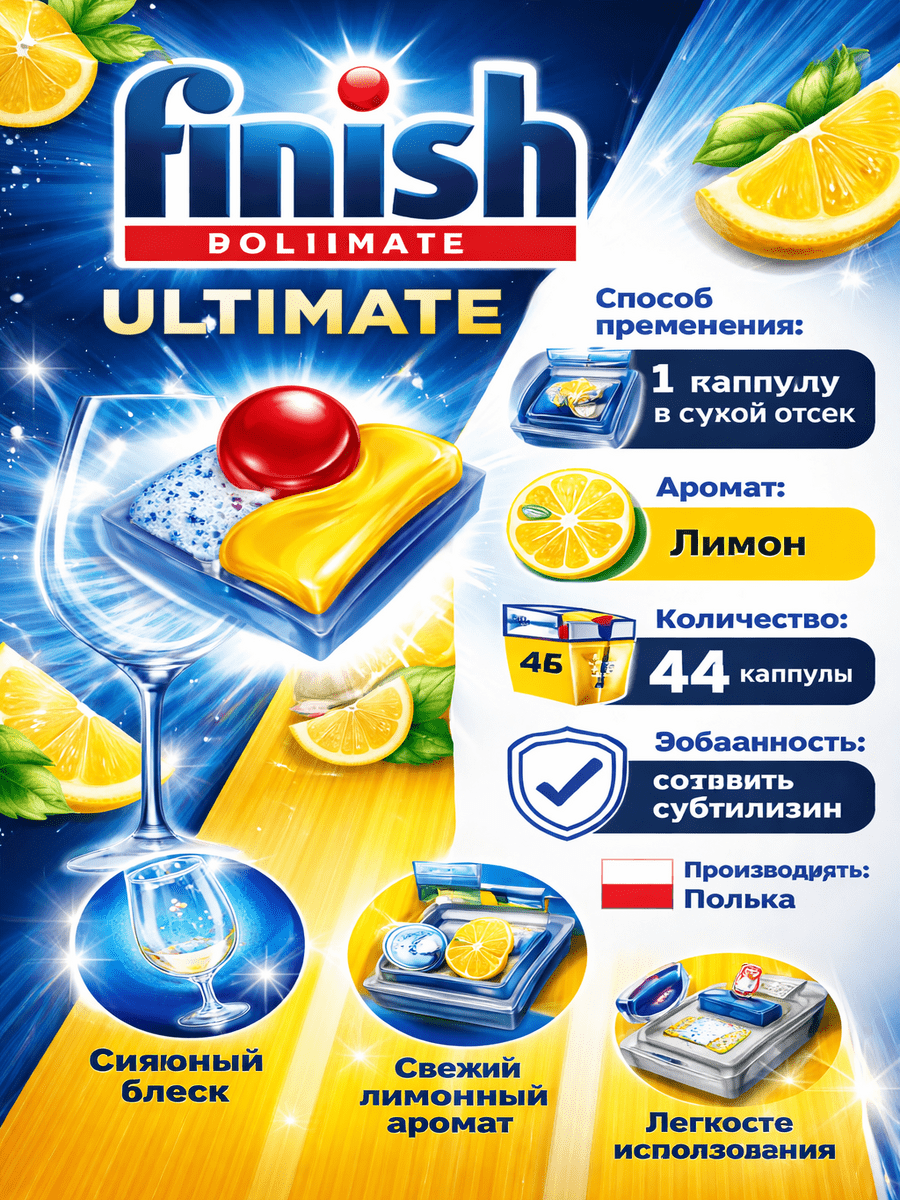 Капсулы для посудомоечных машин Finish Ultimate лимон, 44шт