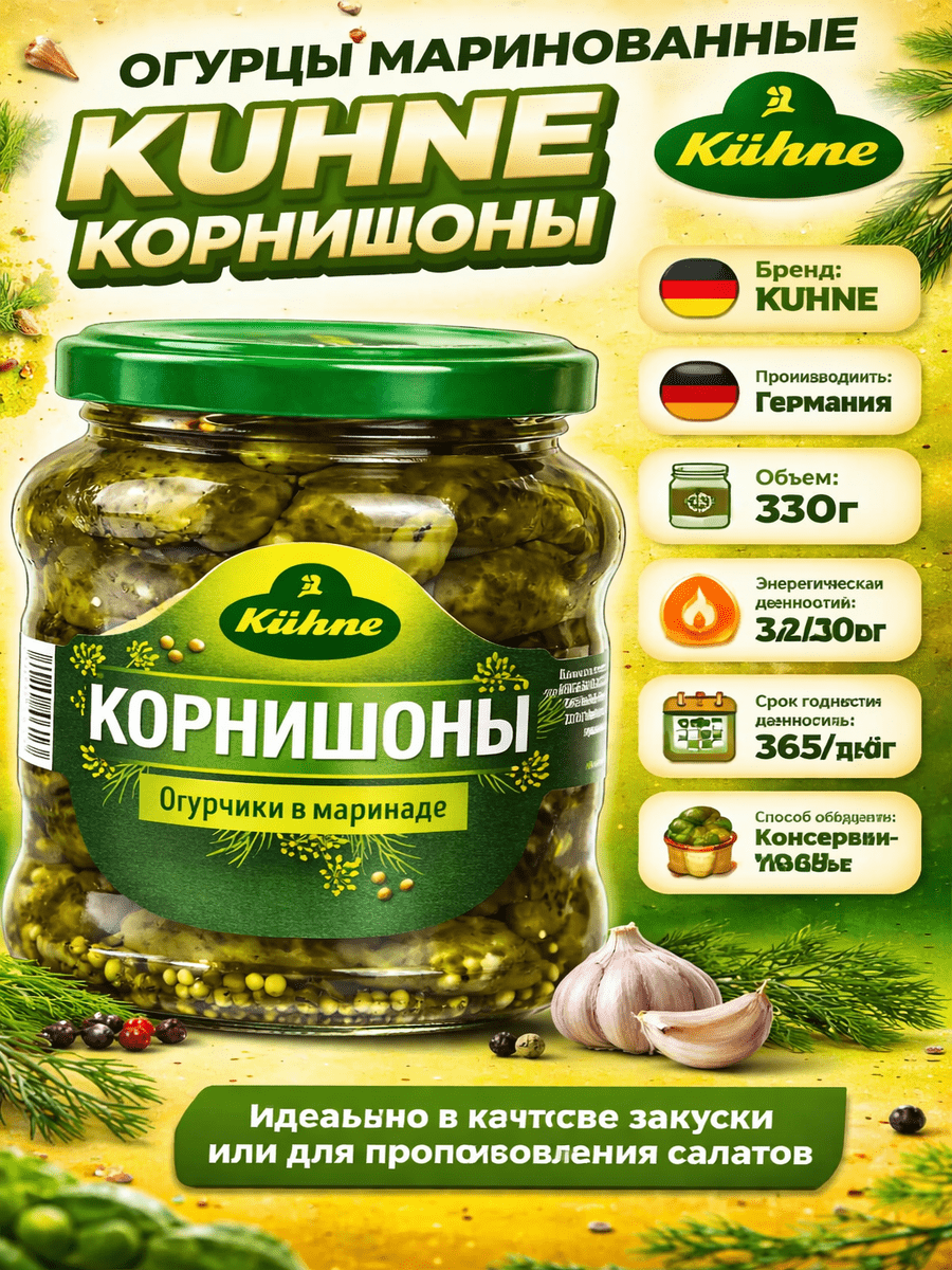 Огурцы маринованные Kuhne корнишоны, 330г
