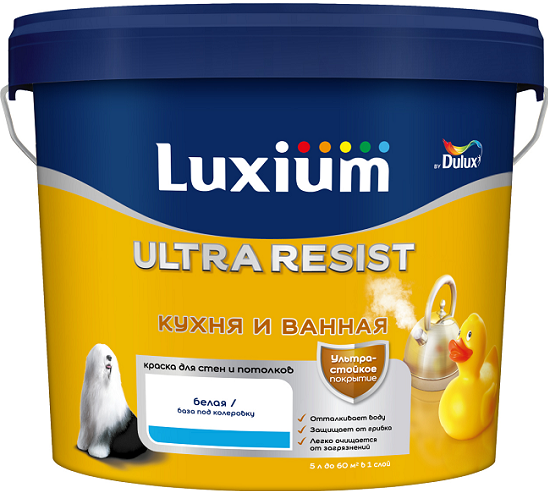 Краска Кухня и Ванная Luxium Dulux Ultra Resist 5л для Влажных Помещений, Матовая, Белая / Люксиум Ультра Резист.