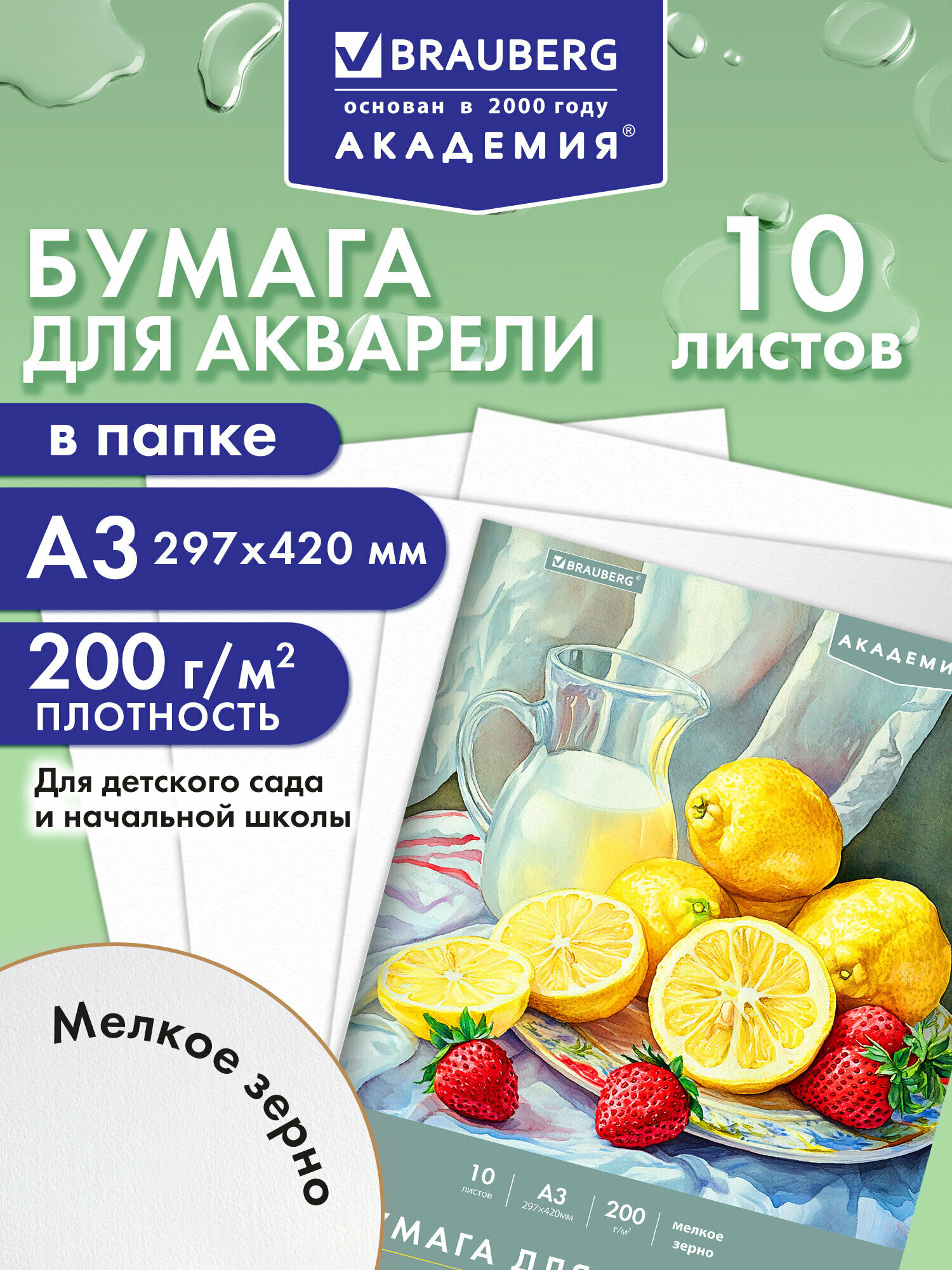 Бумага для акварели, художественная А3, 10 листов, 200 г/м2, 297х420 мм, Brauberg Академия Летний натюрморт, 117741