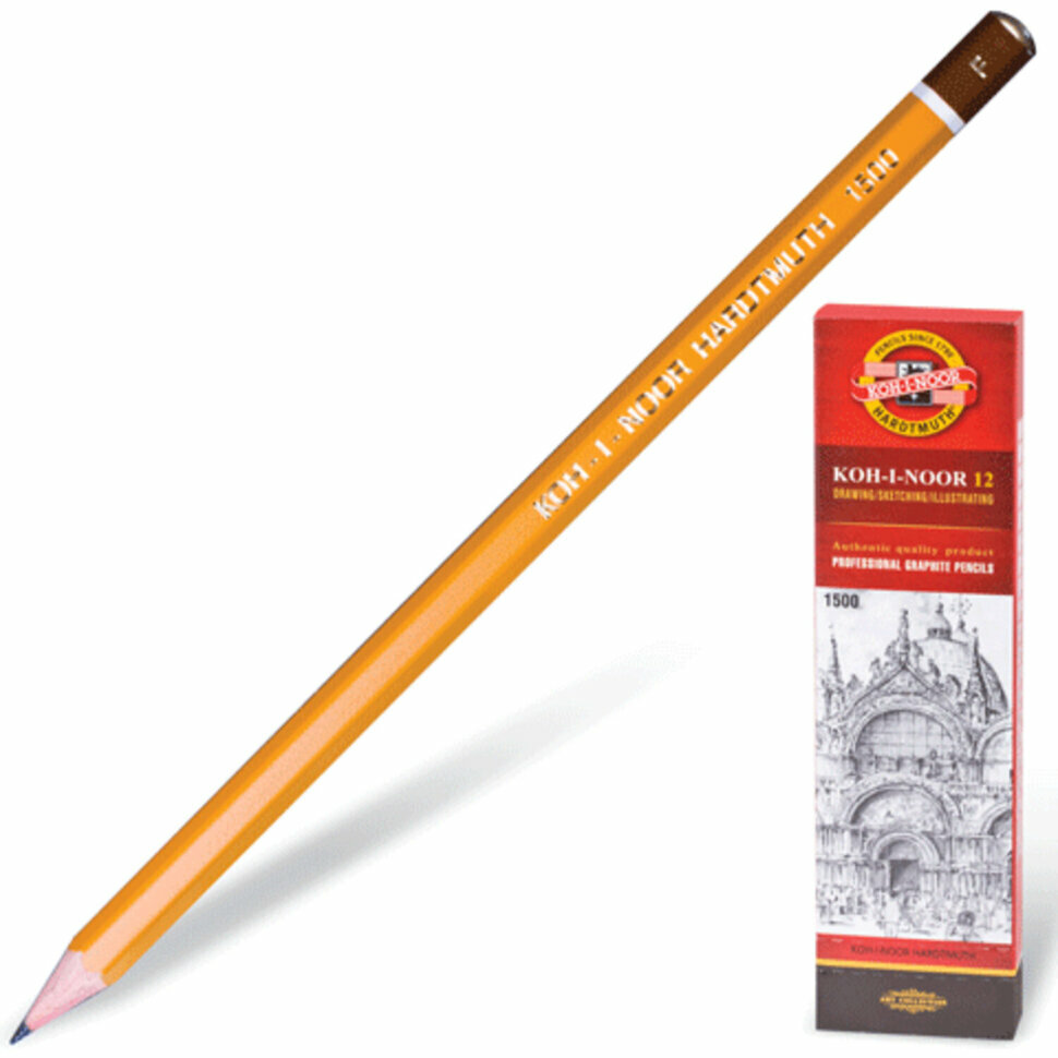 Карандаш чернографитный KOH-I-NOOR 1500, 1 шт, F, корпус желтый, заточенный, 150000F01170RU, 180490