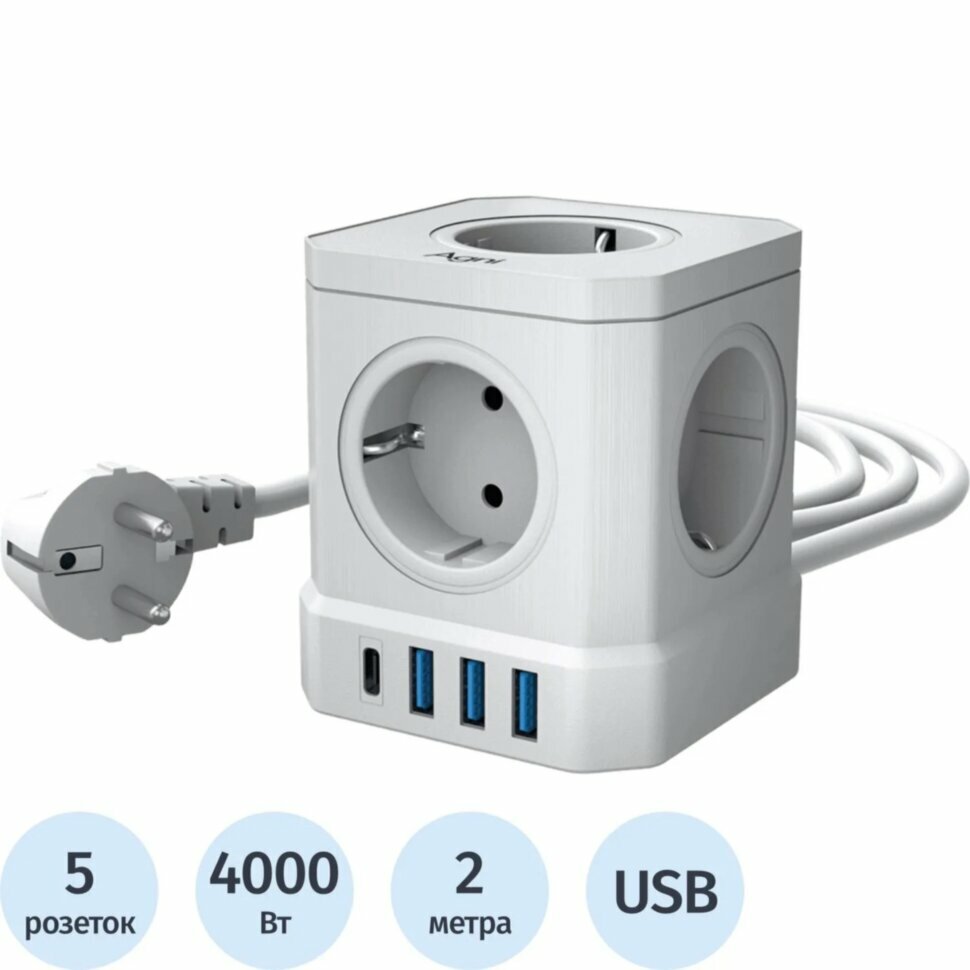 Сетевой фильтр AGNI 5р/2м,3USB 1TYPE-C, белый(TP-VE4U5E-C-2m-white), 2444470