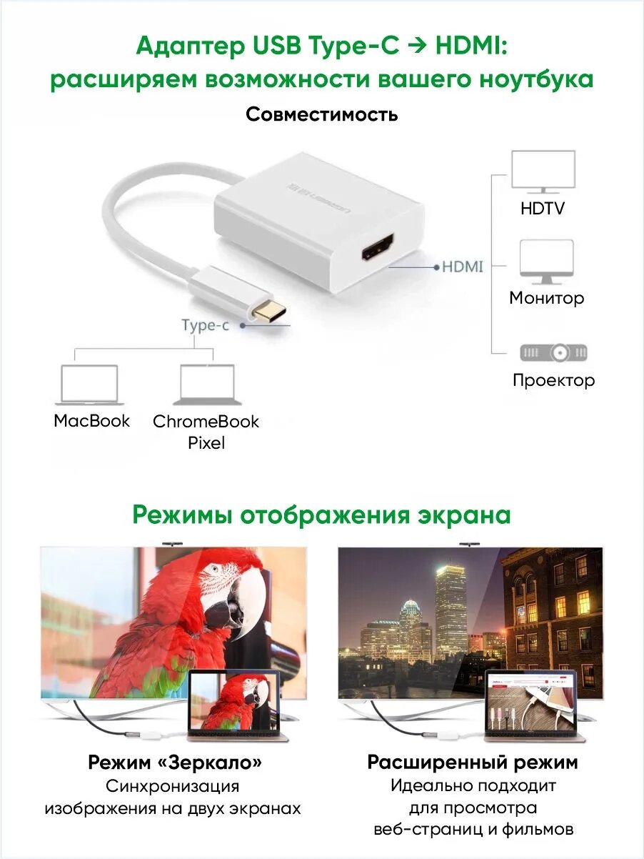 Адаптер UGREEN 40273, USB Type-C - HDMI (f), ферритовый фильтр , 0.2м, белый — фото 1