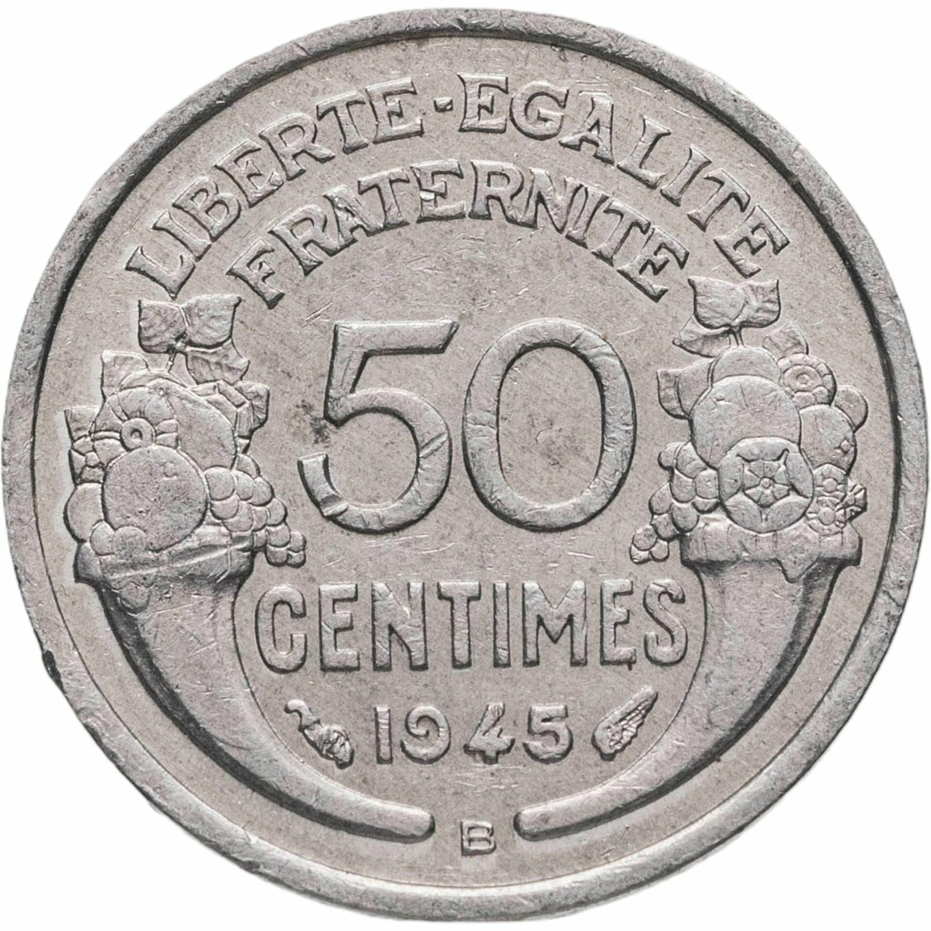 Франция 50 сантимов centimes 1945 В, Алюминий, в сохранности XF