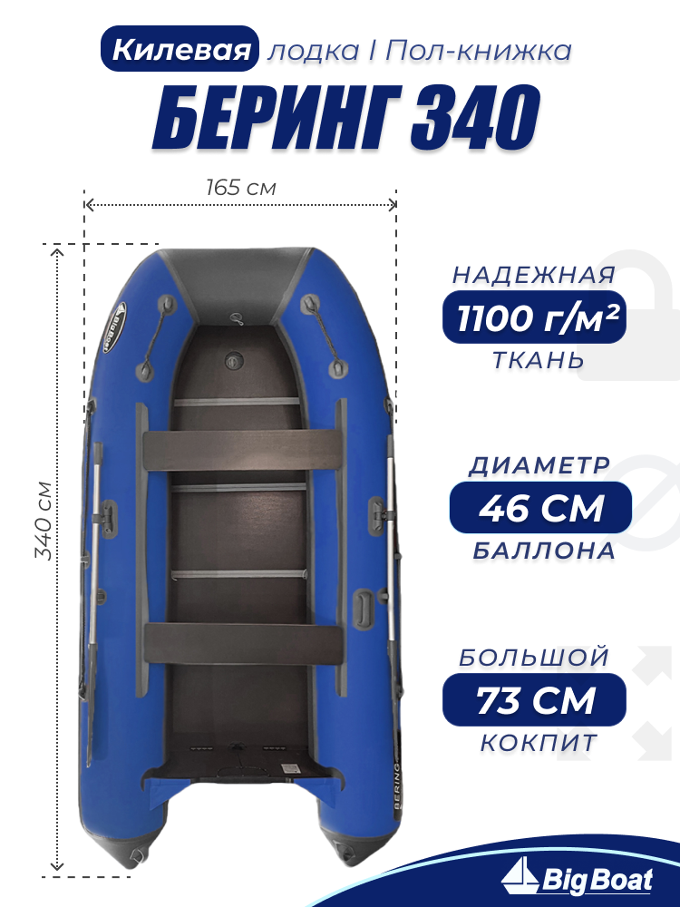 Надувная, под мотор лодка из ПВХ для рыбалки Bering (Беринг) 340К пол-книжка