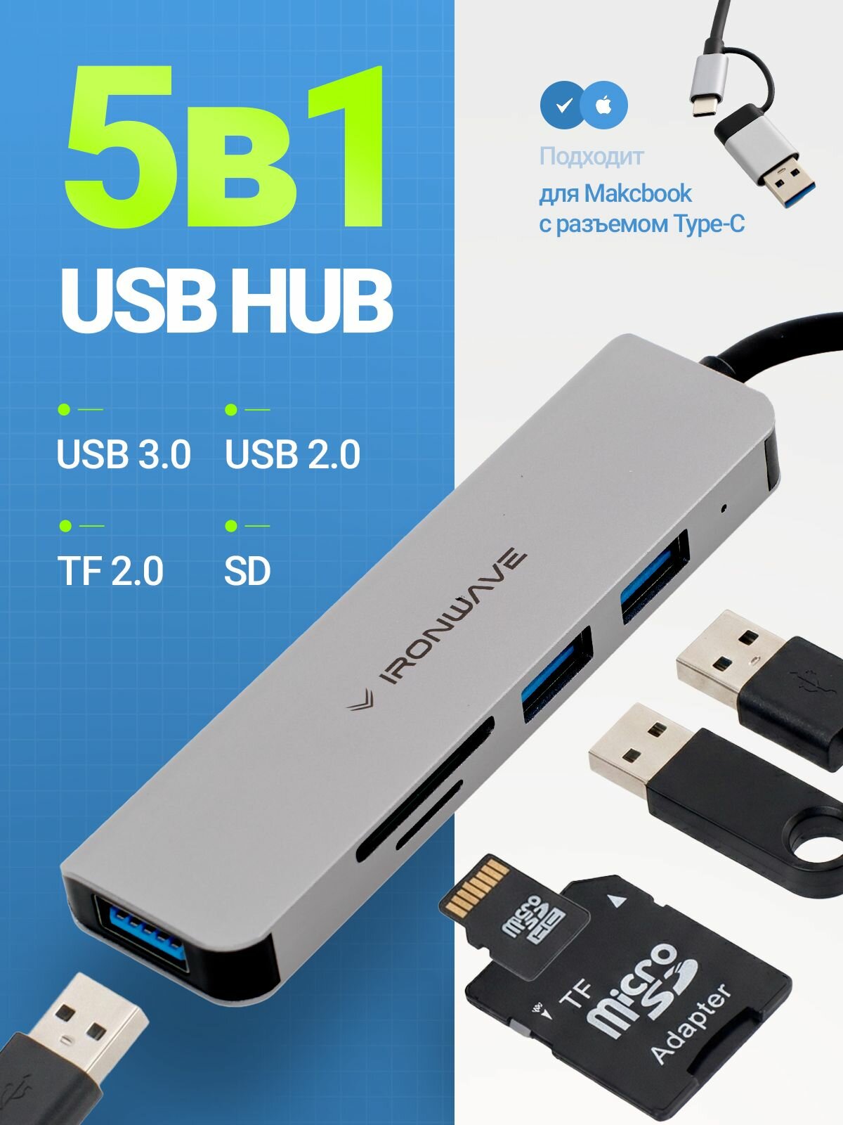 USB-C HUB разветвитель 5 в 1, концентратор Ironwave Connect V5